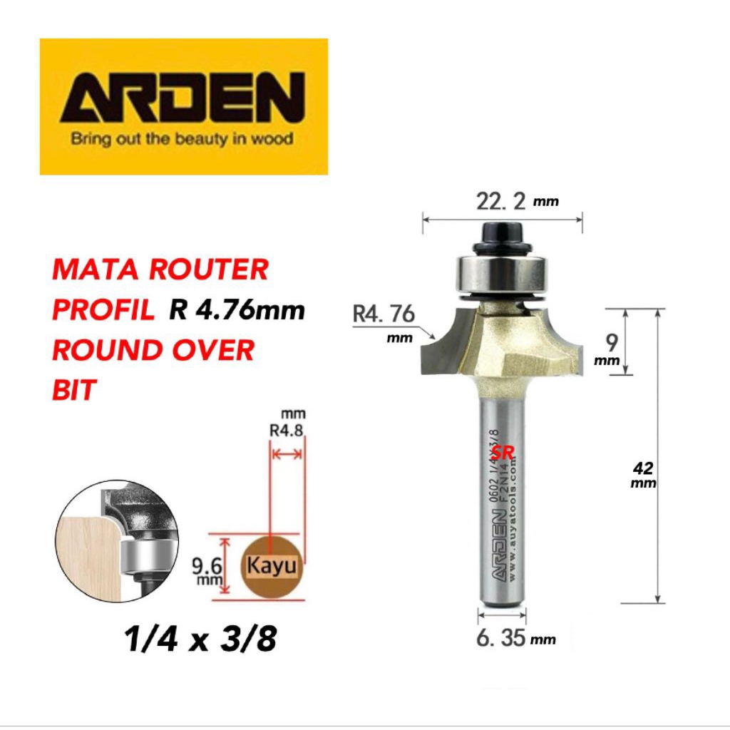Jual Mata Router/ Profil Round Over Bit 5mm (1/4×3/8×R 4.8mm) ARDEN ...