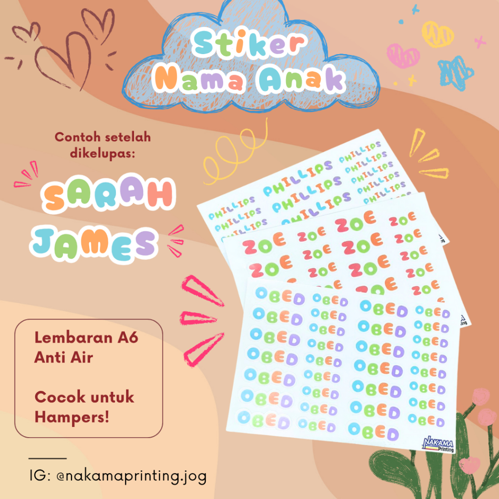 Jual CUSTOM Stiker Sticker Nama Anak Anti Air Vinyl Hampers Lembaran A6 ...