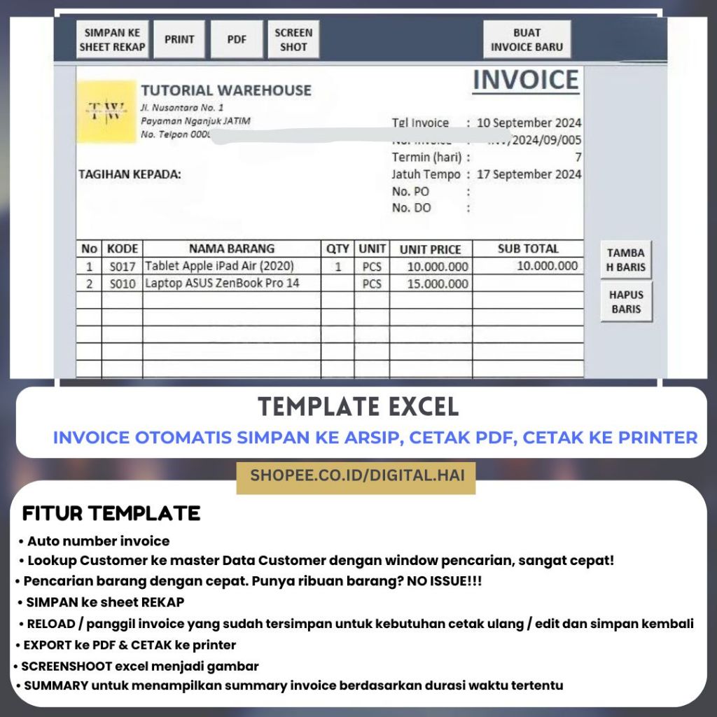 Jual Template Excel Invoice Otomatis Simpan ke Arsip, Cetak PDF, Cetak ...