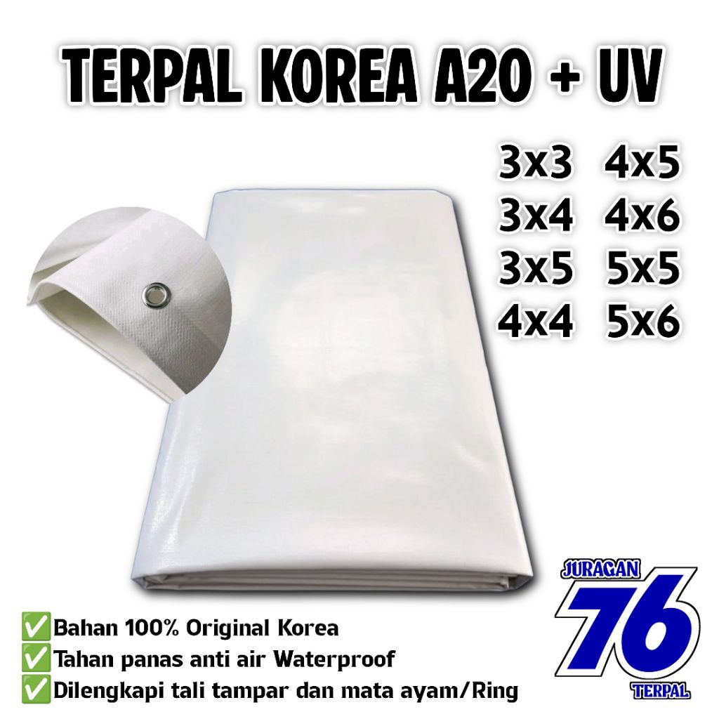 Jual terpal korea A20 UV warna putih-putih ukuran 3x3 3x4 3x5 4x4 4x5 ...