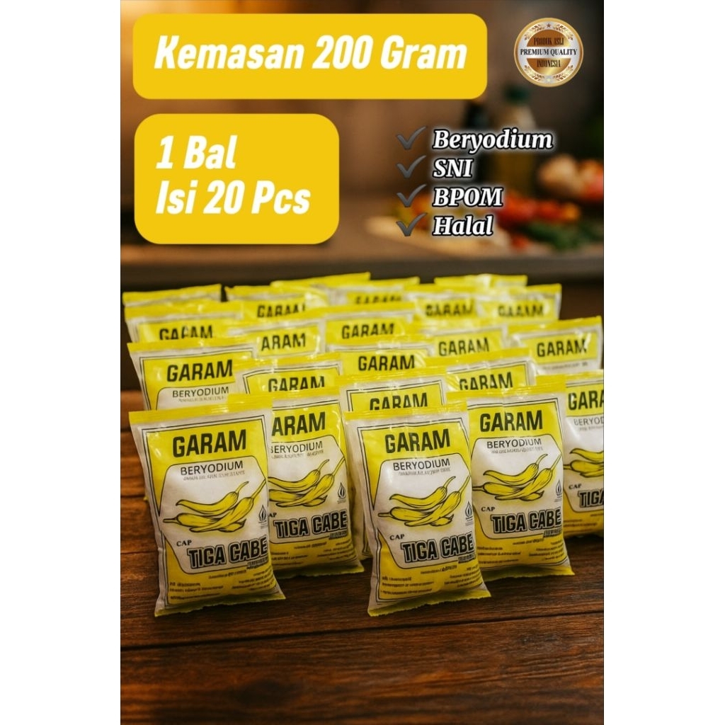 Jual Garam Cap Tiga Cabe Kemasan 200 Gram 1 Bal Isi 20 Pcs - Garam ...