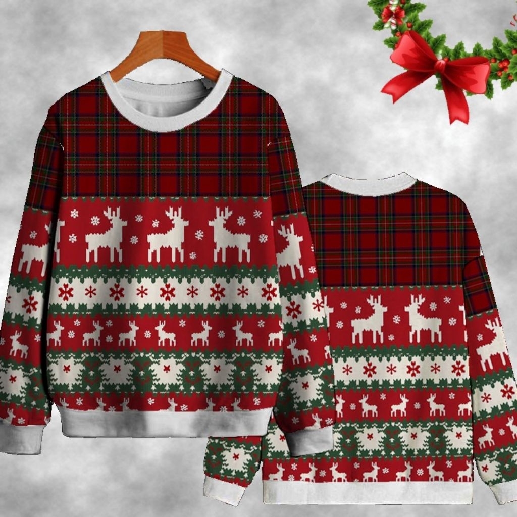 Jual Sweater Natal Wanita Full Print – Christmas Reindeer Merah Hijau ...