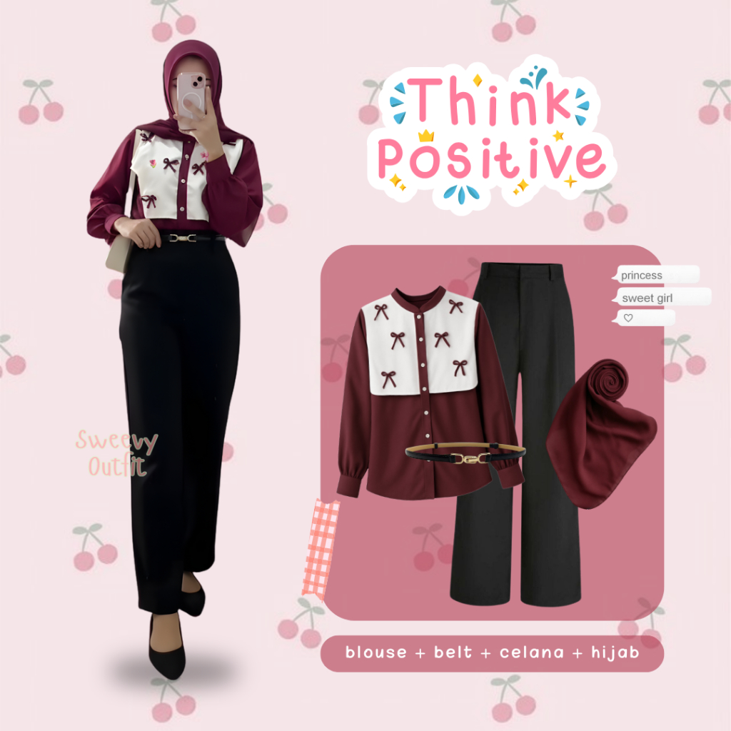 Jual 4in1 Outfit Set Maroon ( Blouse Pita, Celana Kulot, Hijab, Belt ...