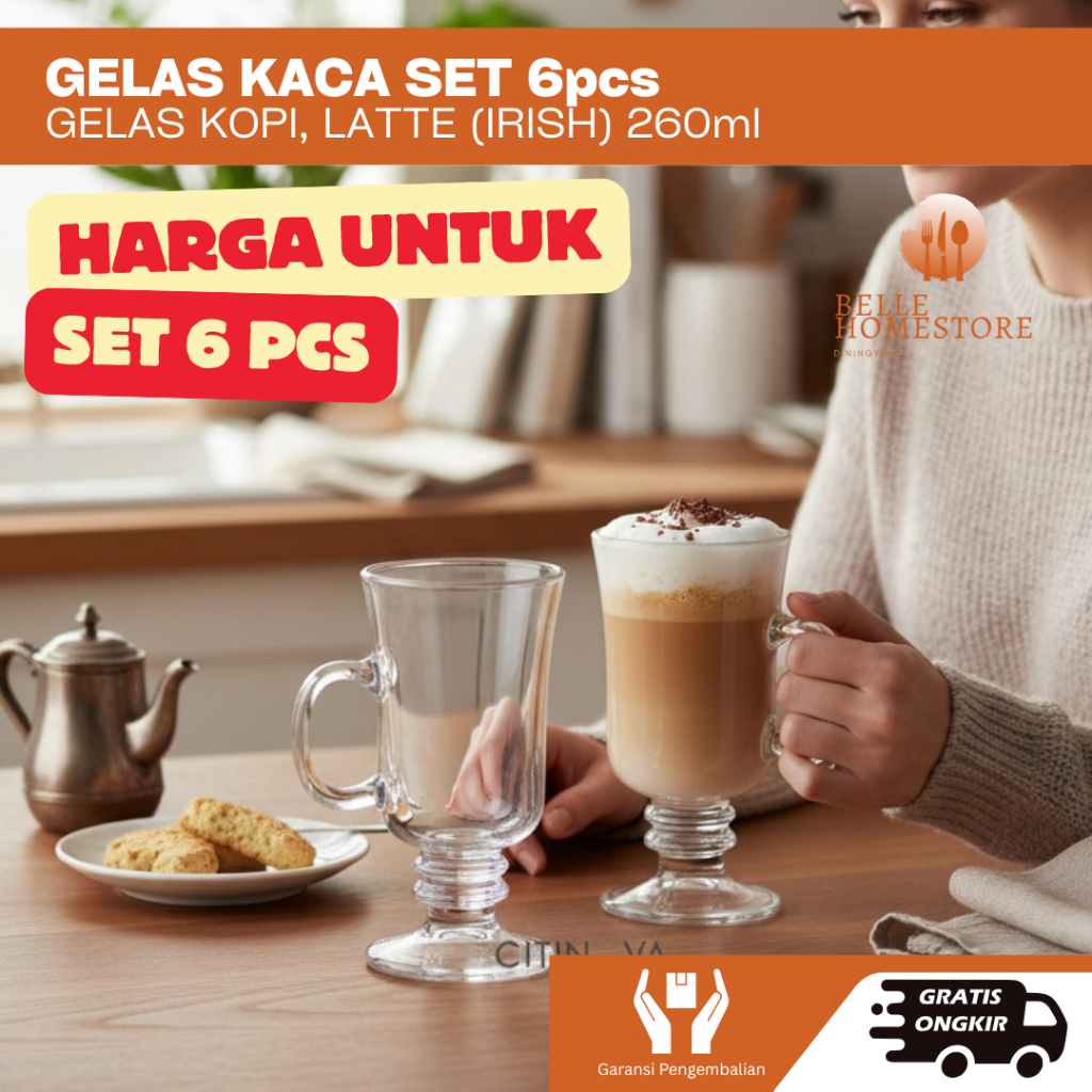 Jual GELAS KACA CITINOVA IRISH 260ml SET6PC Gelas Kopi Coffee Aesthetic ...
