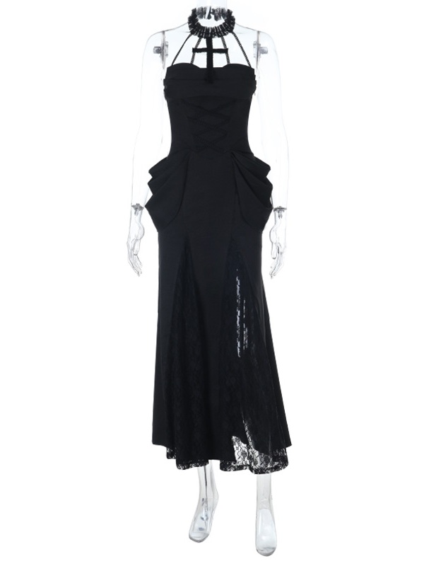 Jual GOTH Women Gothic Vintage Maxi Sheath Dress Halter Neck Plain ...