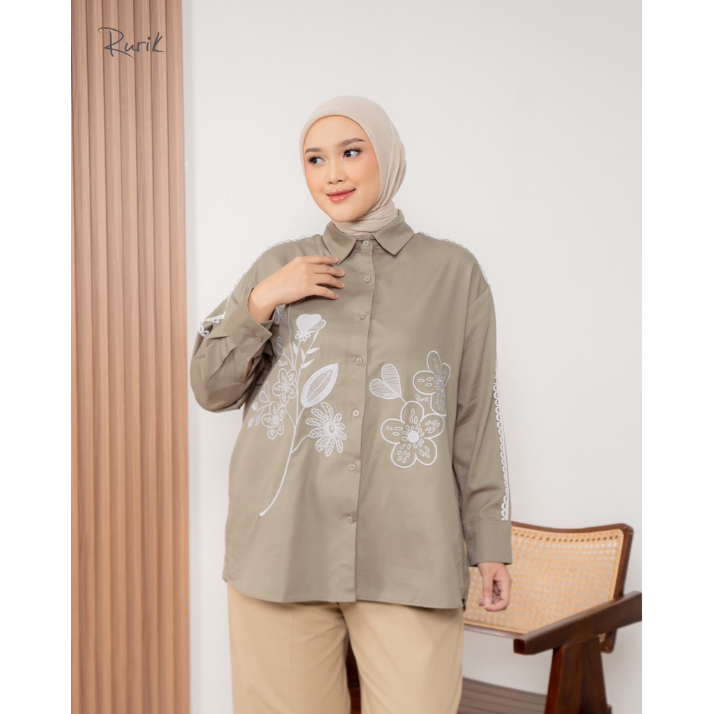 Jual RURIK | Felida Embroidery Shirt Grey Olive | Shopee Indonesia