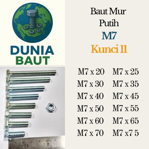 Jual (10 Pcs) Baut Mur Putih, Ukuran M7 Kunci 11,( Bahan Galvanis) Anti ...