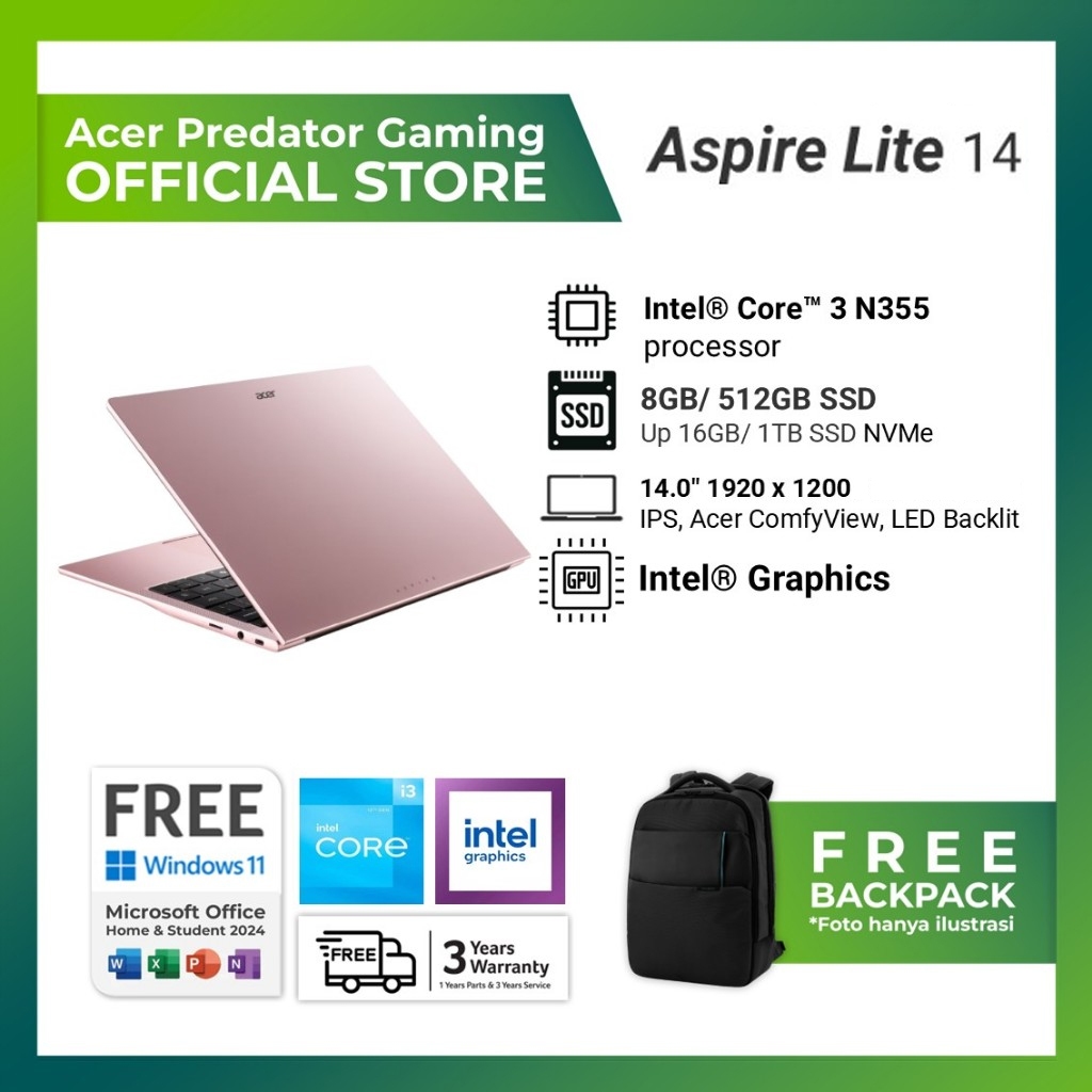 Jual [PINK EDITION] ACER ASPIRE LITE 14 AL14 37P-36AW I3 N355 8GB 512GB ...