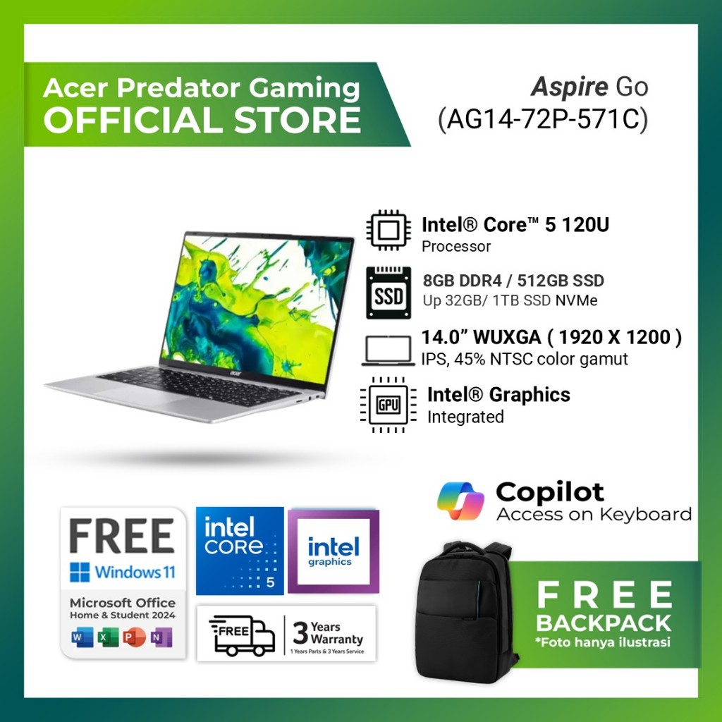 Jual ACER ASPIRE GO 14 AG14 72P-571C CORE 5 120U 8GB 512GB WINDOWS 11 ...