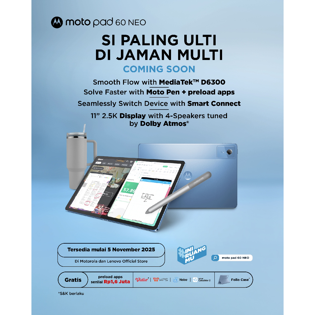 Jual MOTOROLA Moto pad 60 Neo MD 6300/4GB/128GB UFS/11"2.5K Touch ...