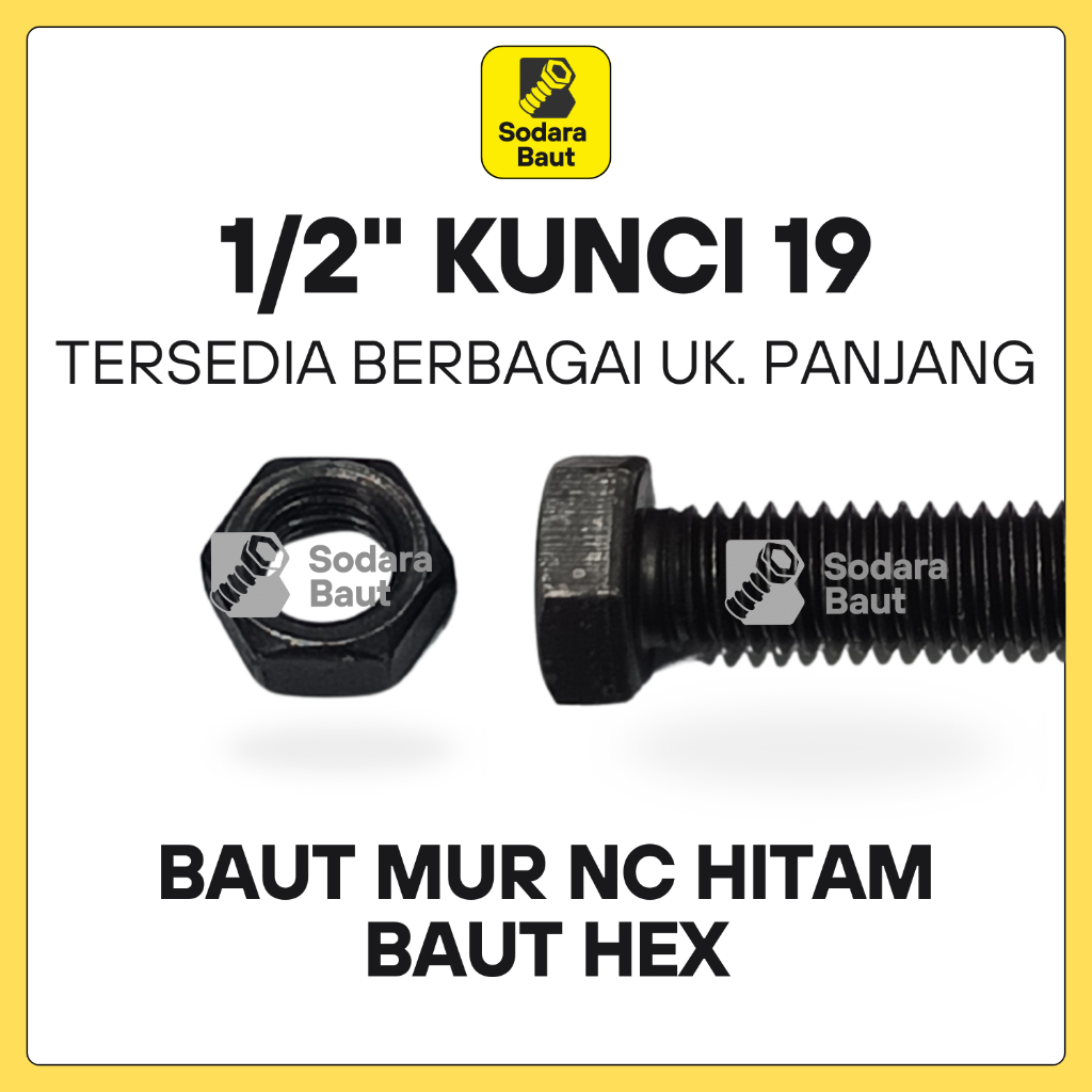 Jual Baut Mur HITAM UNC/NC Ukuran 1/2" x Kunci 19 / Baut Mur Inchi ...