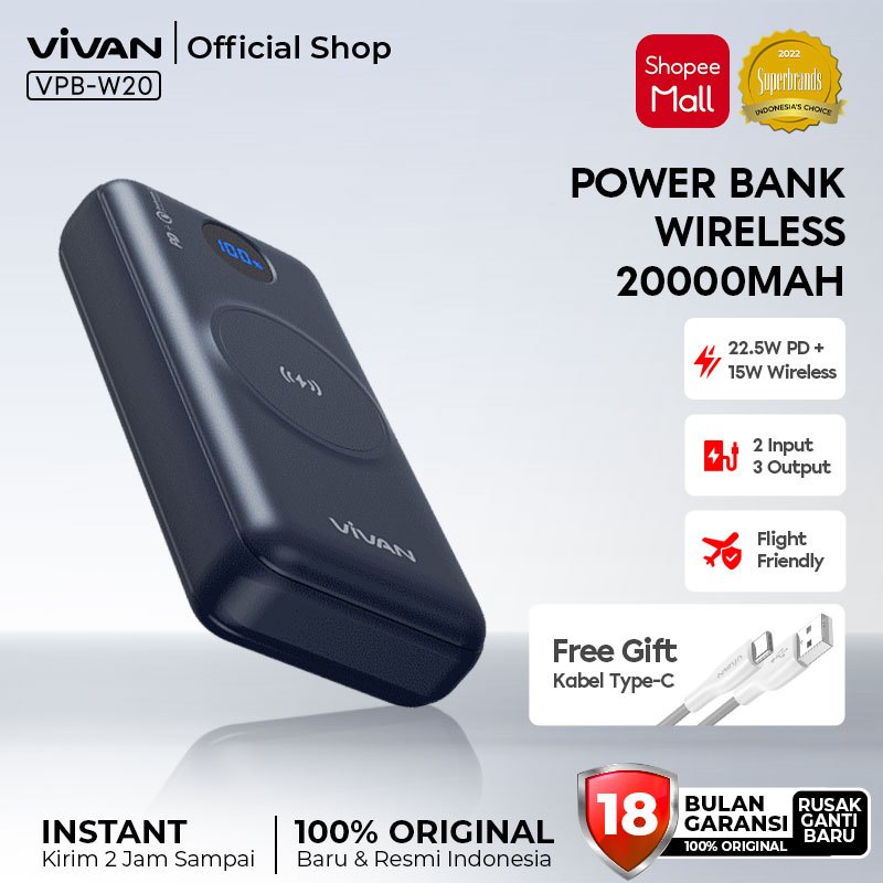 Jual VIVAN Wireless Powerbank 20000 mAh VPB-W20 3 Output 22,5W Fast ...