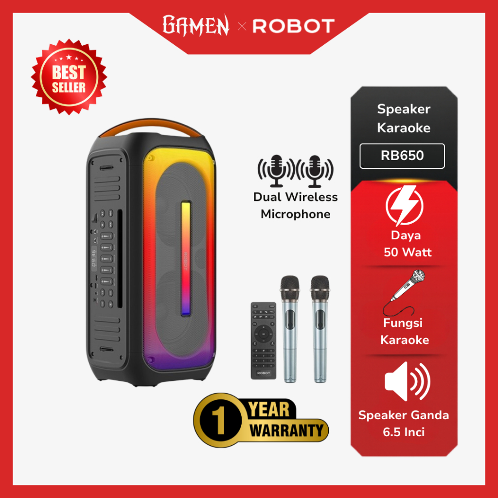 Jual ROBOT Speaker Karaoke RB650 Bluetooth RGB 50W dengan 2 Mic ...