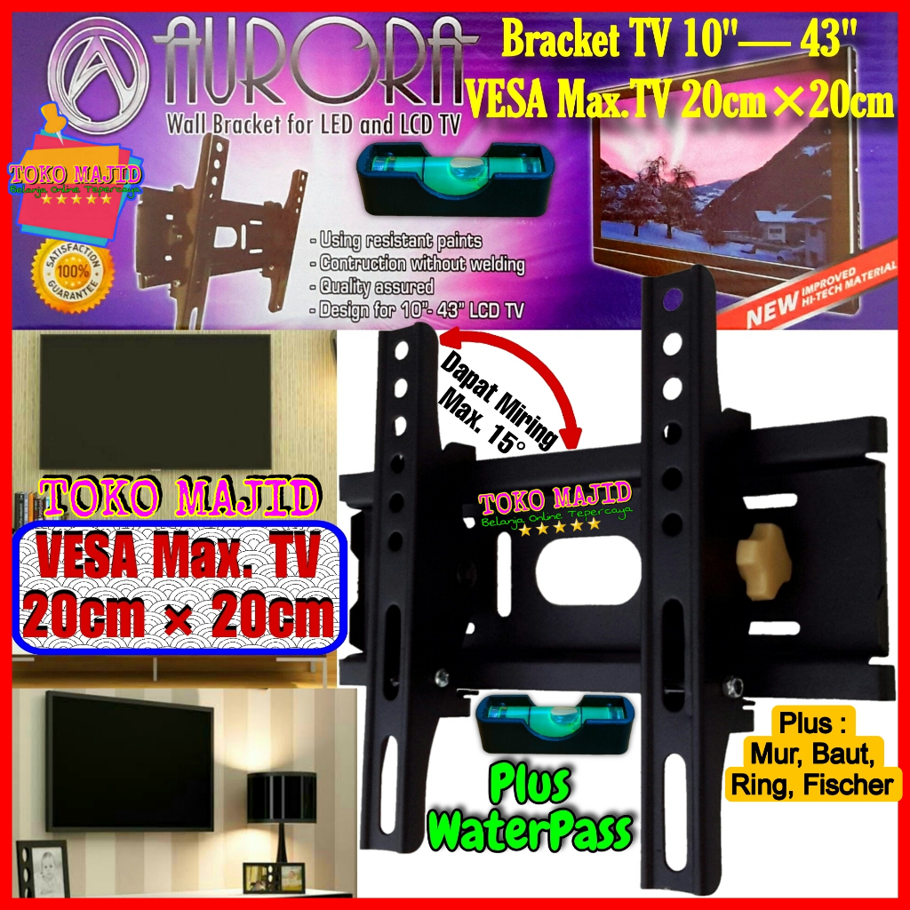 Jual AURORA Bracket TV 10-43 LED LCD PLASMA Miring Max 15° Max.50 Kg ...