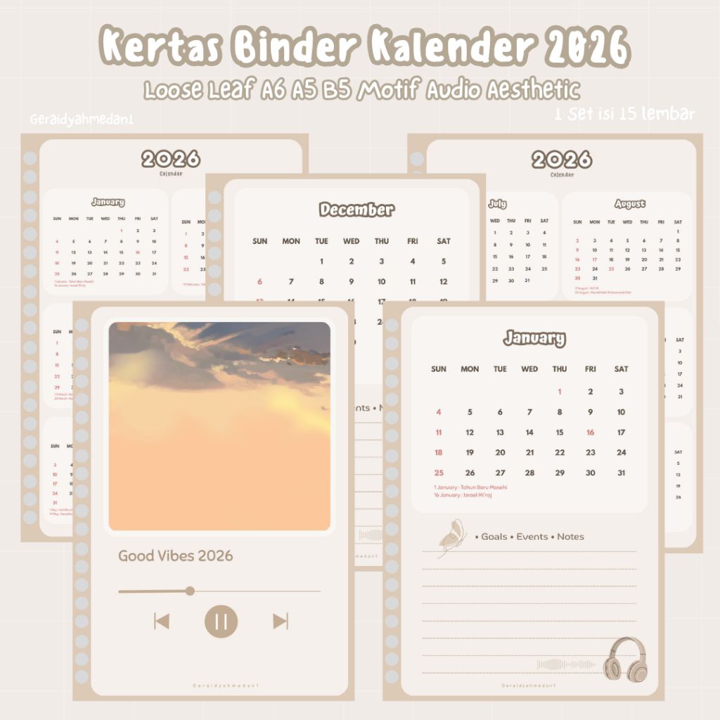 Jual Kertas Binder Kalender 2026 Set Loose Leaf A6 A5 B5 Motif Audio ...