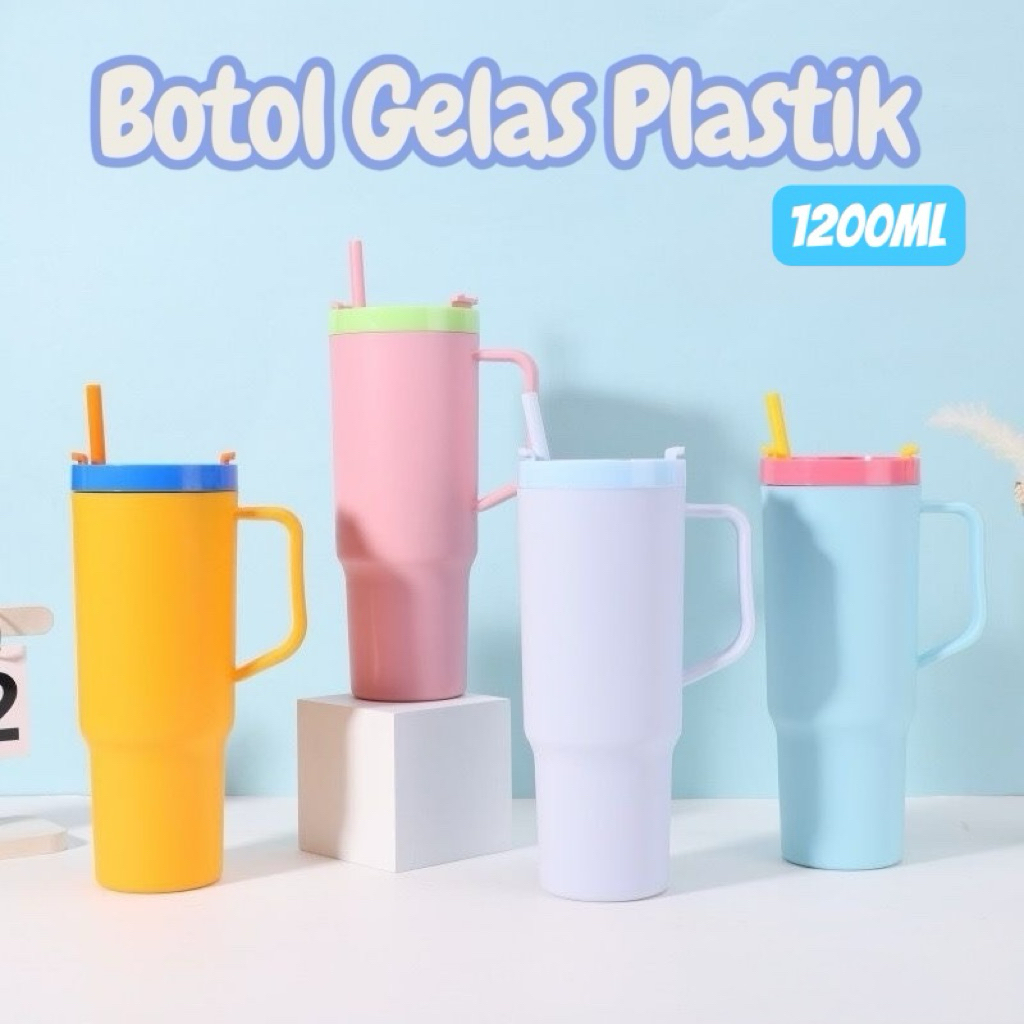 Jual Botol Gelas Jumbo 1200 ML Dengan Gagang Pegangan dan Sedotan ...