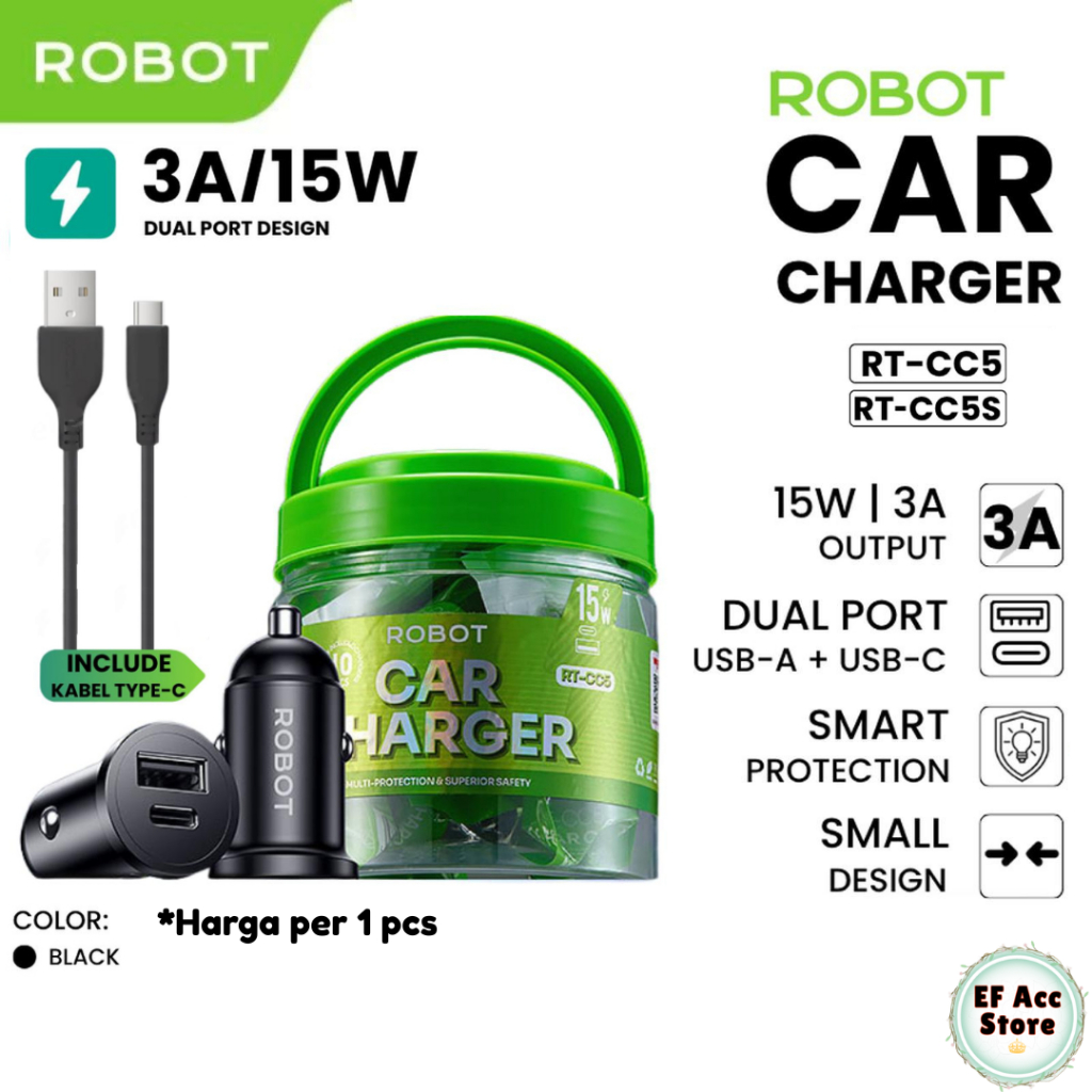 Jual ROBOT RT-CC5 RT-CC5S CAR CHARGER MOBIL DUAL PORT (TYPE-C & USB-A ...
