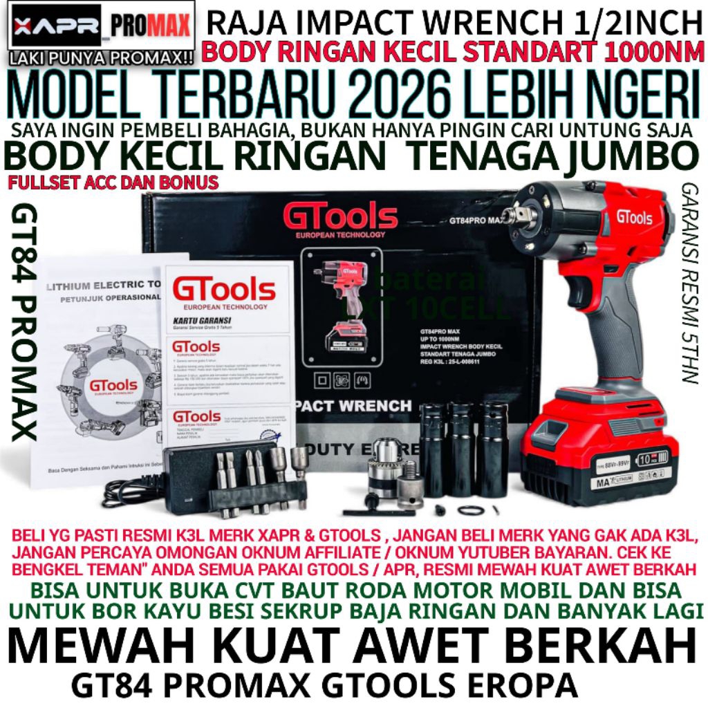 Jual RAJA impact wrench 1000nm gtools gt84 promax body kecil tenaga ...