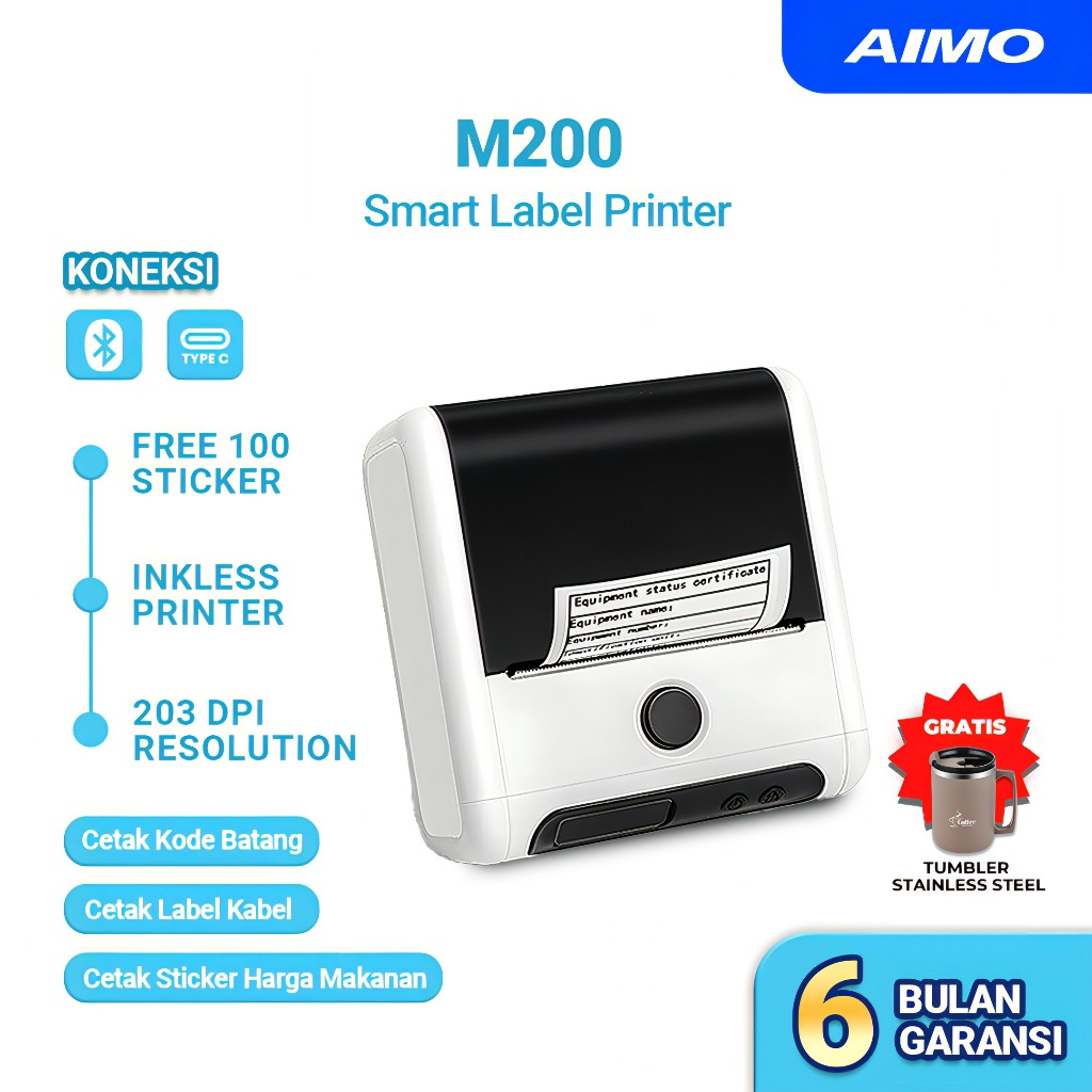 Jual AIMO M200 Printer Label Thermal 80mm Printer Bluetooth Stiker QR ...
