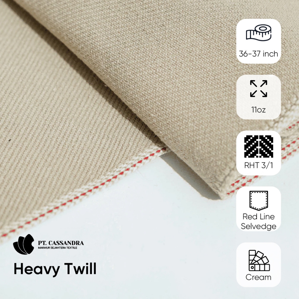 Jual Kain Heavy Twill Red Line Selvedge, 11 oz, Army, Cream | Cassandra ...