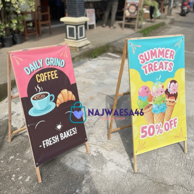 Jual Standing rak Banner Kayu Lipat 2 sisi ENGSEL dan BAUT Kokoh ...
