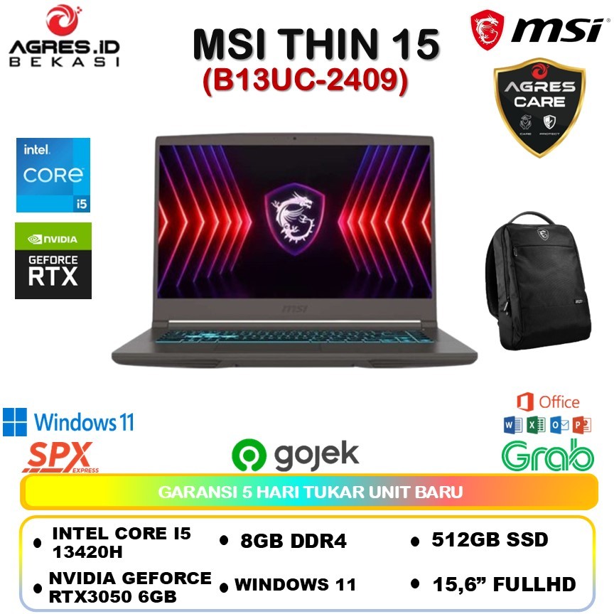 Jual MSI Thin 15 (B13UC-2409) intel core i5 13420H Rtx3050 6gb / 8gb ...
