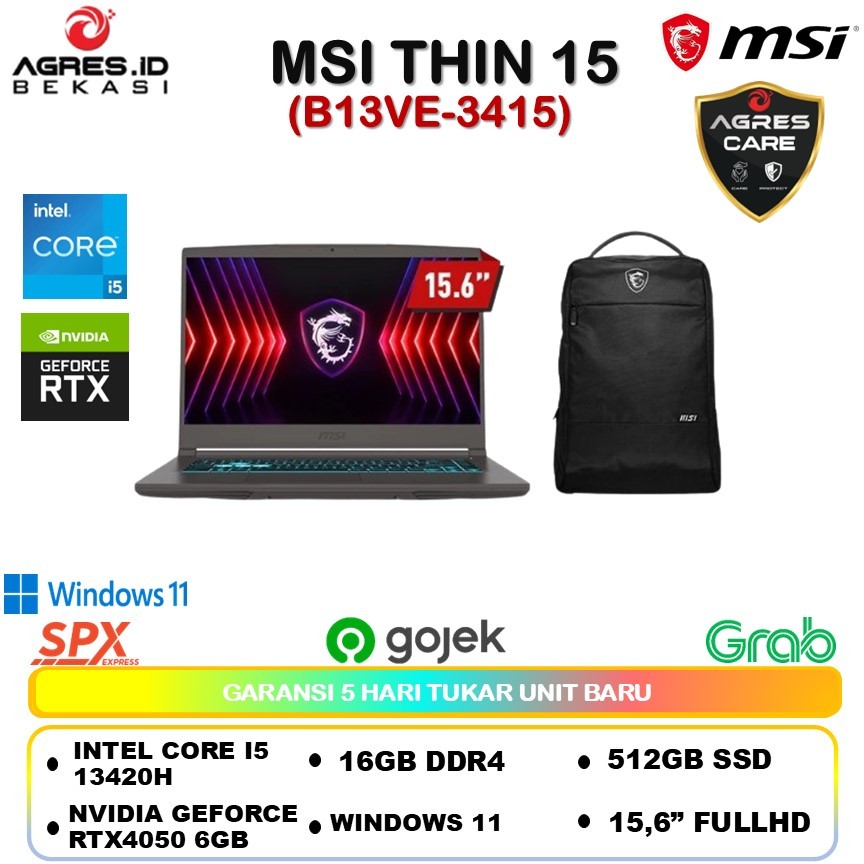 Jual Laptop MSI Thin 15 (B13VE-3415) Intel core 13420H Rtx4050 6gb ...