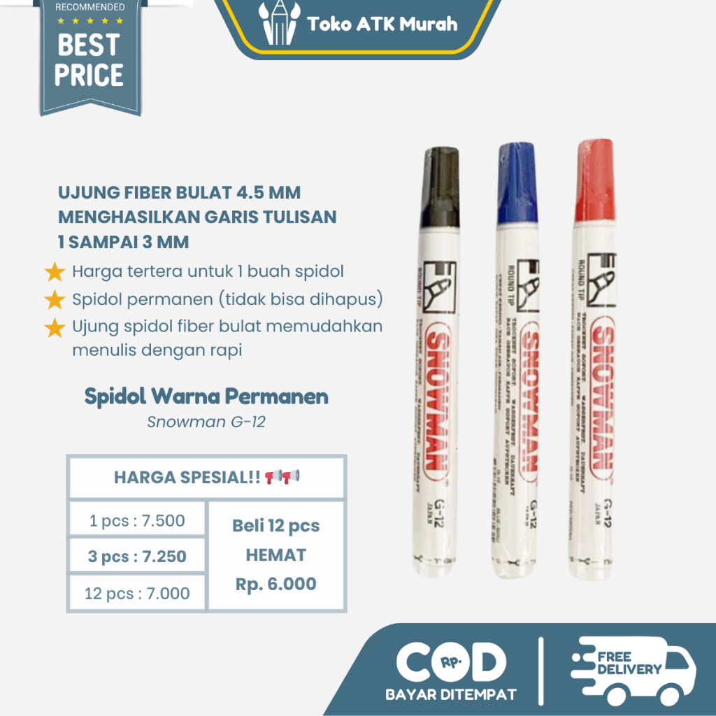 Jual Spidol Permanent Marker Snowman G-12 | Spidol Tahan Lama untuk ...
