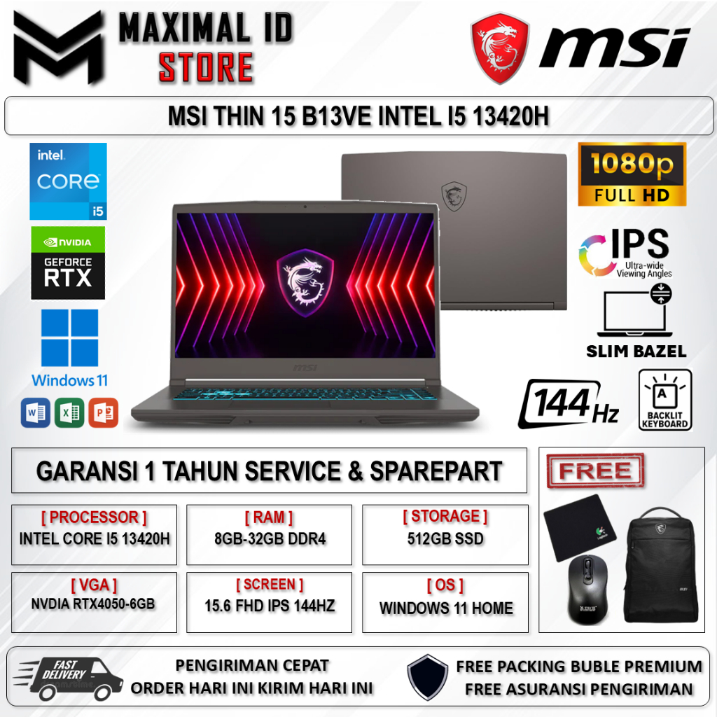 Jual Laptop Msi Thin 15 B13VE Intel Core i5 13420H 32GB 1TB SSD RTX4050 ...