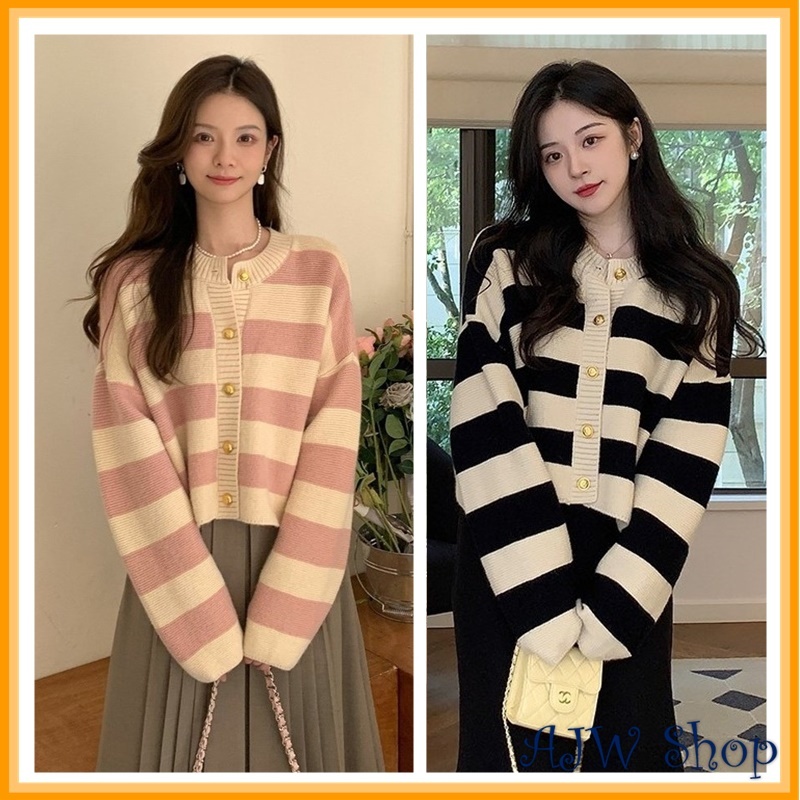 Jual AJW Cardigan Wanita Rajut Striped Kancing Premium Tebal WCM ...