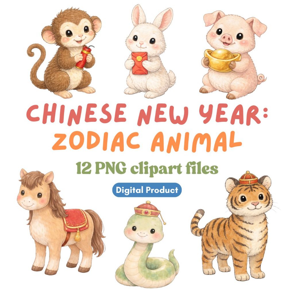 Jual Chinese New Year Animal Zodiac Watercolor Clipart Set (12 PNG ...
