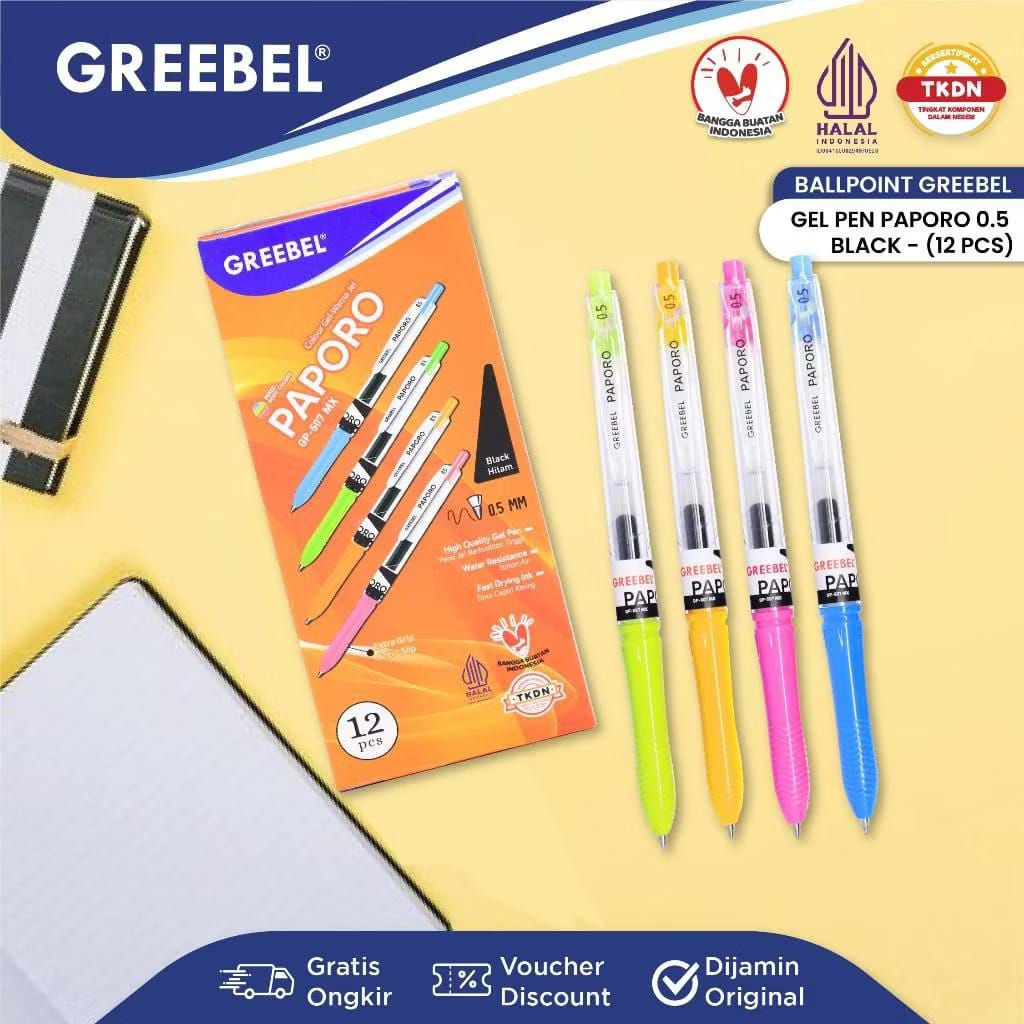 Jual GREEBEL Pulpen Gel 0.5mm Paporo GP-507 MX (12 Pcs) Tinta Hitam ...