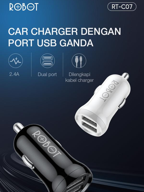 Jual ROBOT RT-C07 Car Charger – Dual USB Output 2.4A Free Kabel Micro ...
