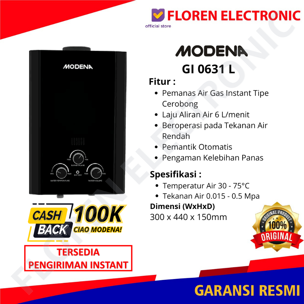 Jual MODENA GI 0631 L GI0631L GI 0631L Water Heater Gas Instant ...