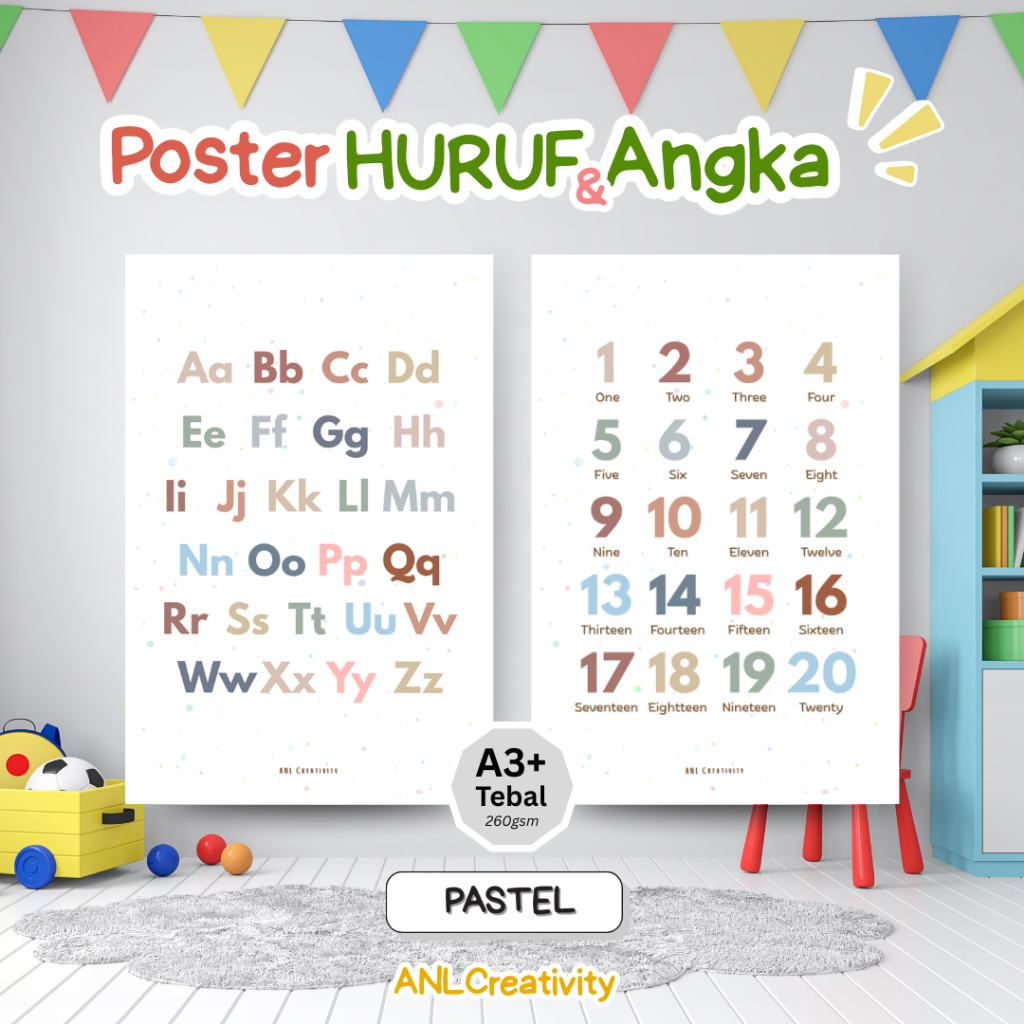 Jual ANL Poster Edukasi Anak Premium Poster HURUF ANGKA Tema PASTEL ...