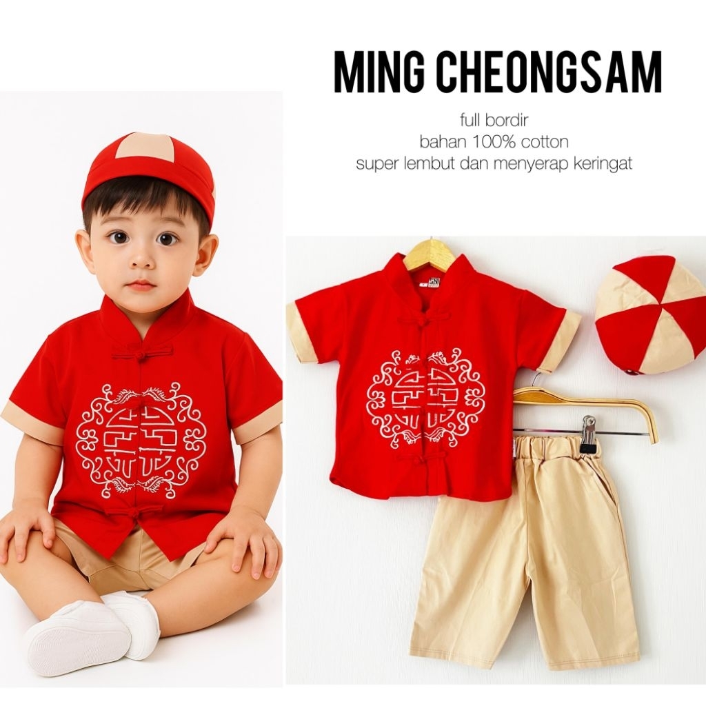 Jual Baju imlek setelan cheongsam celana pendek topi anak bayi laki ...