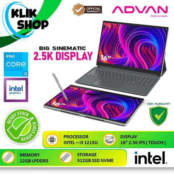 Jual FREE STYLUS PEN +KEYBOARD ADVAN Laptop 2 in 1 EVO-X 16 i3 1215U ...