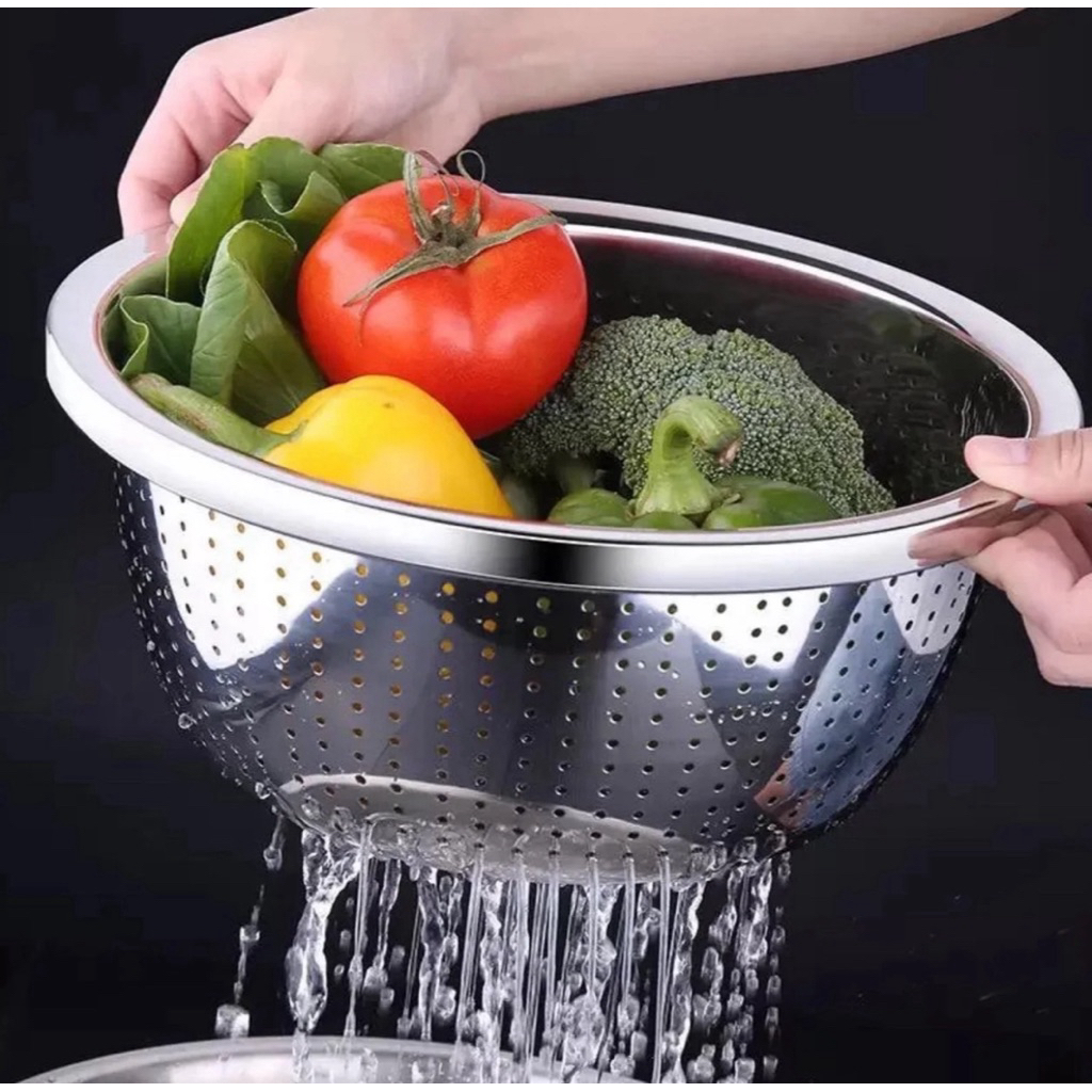 Jual baskom lubang bolong stainless tebal28cm/ baskom cuci sayur buah ...
