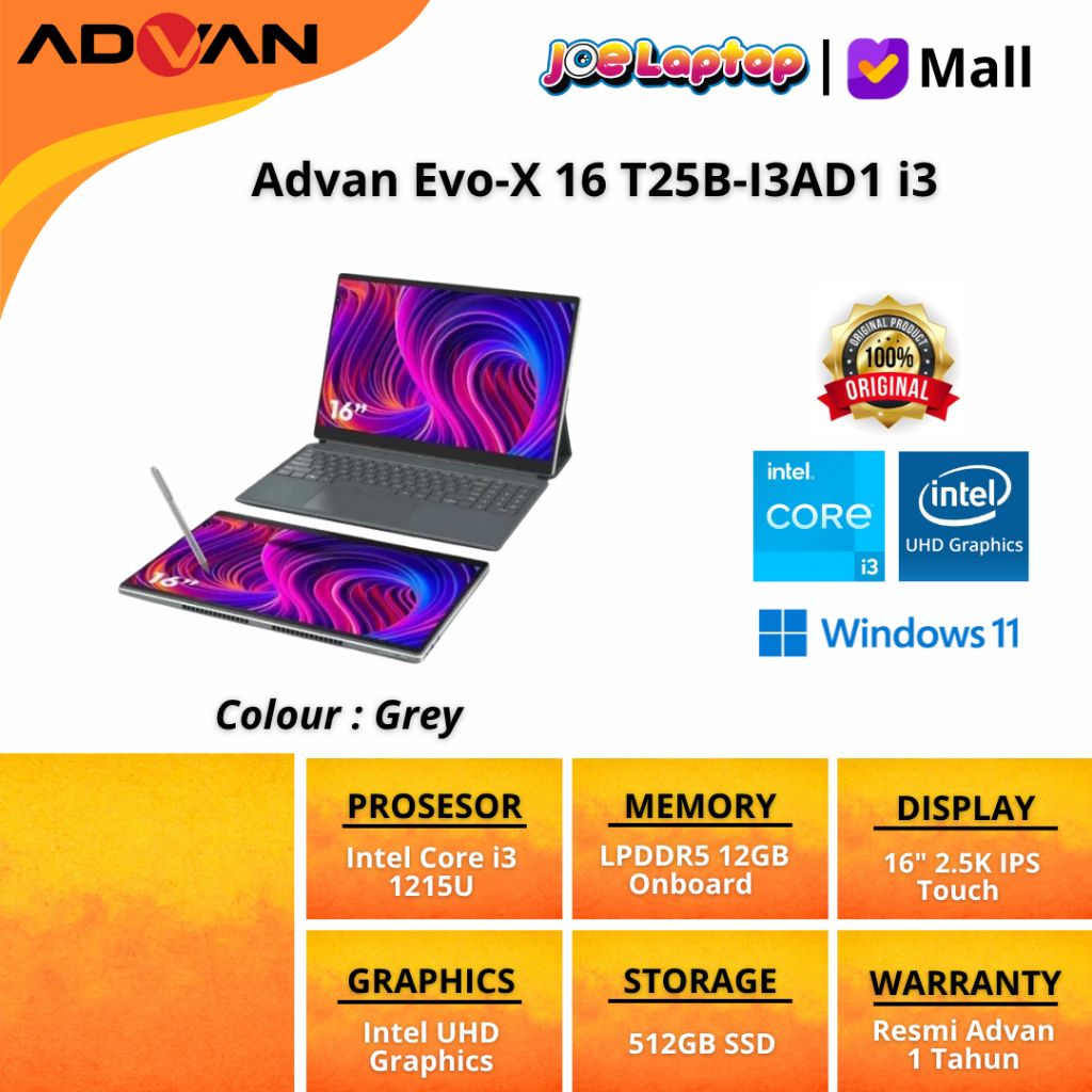 Jual Advan Evo-X 16 T25B-I3AD1 Grey i3 1215U Win11 | Shopee Indonesia