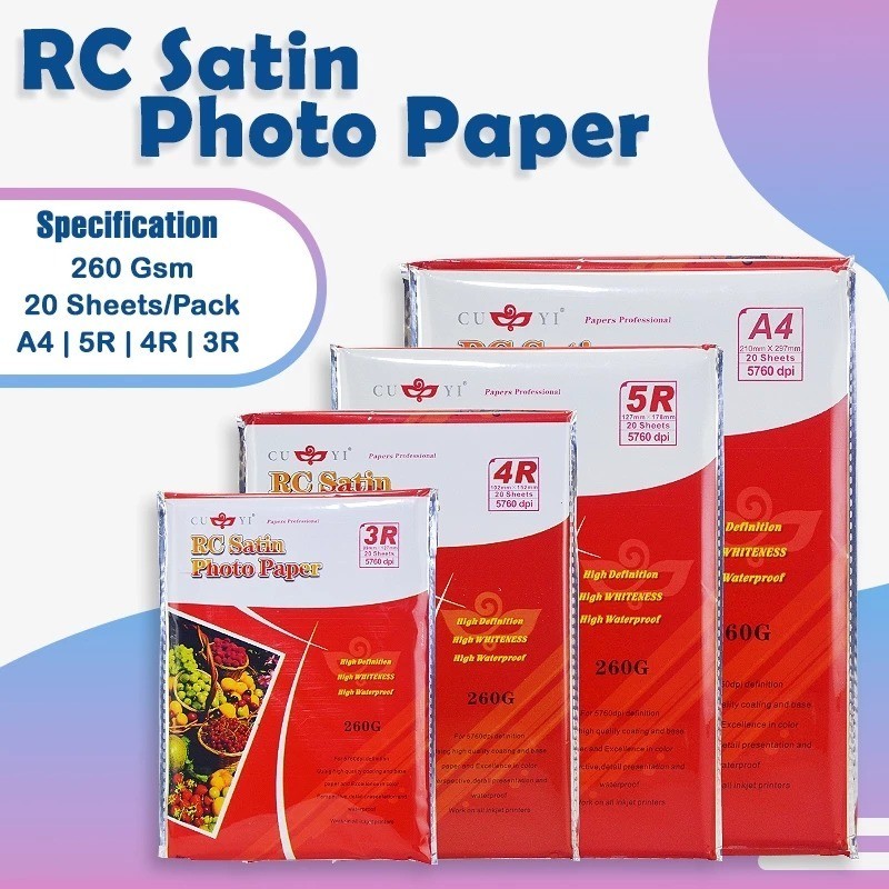 Jual Kertas Foto Rc Satin CUYl 260GSM A4 3R 4R & 5R Ukuran - Paket 20 ...
