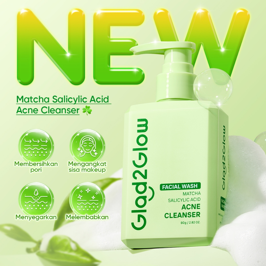 Jual [New]Glad2Glow Matcha Salicylic Acid Acne Facial Cleanser 80ml ...