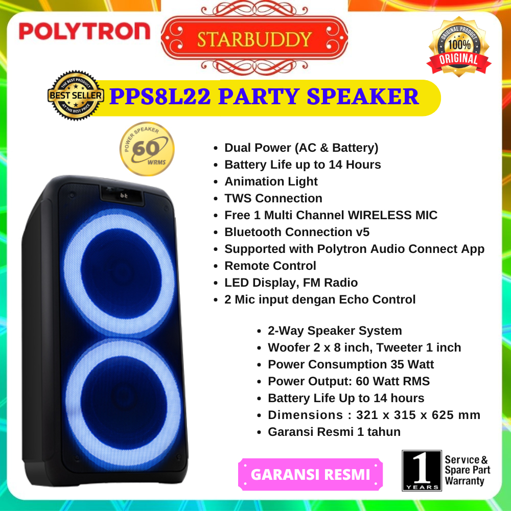 Jual SPEAKER PORTABLE POLYTRON PPS 8L22 BLUETOOTH PARTY MAX BONUS MIC 1 ...