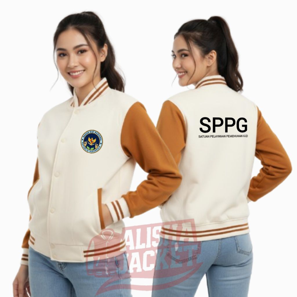 Jual Jaket Varsity Kancing Logo SPPG MBG Biru Muda Cream Unisex Sablon ...