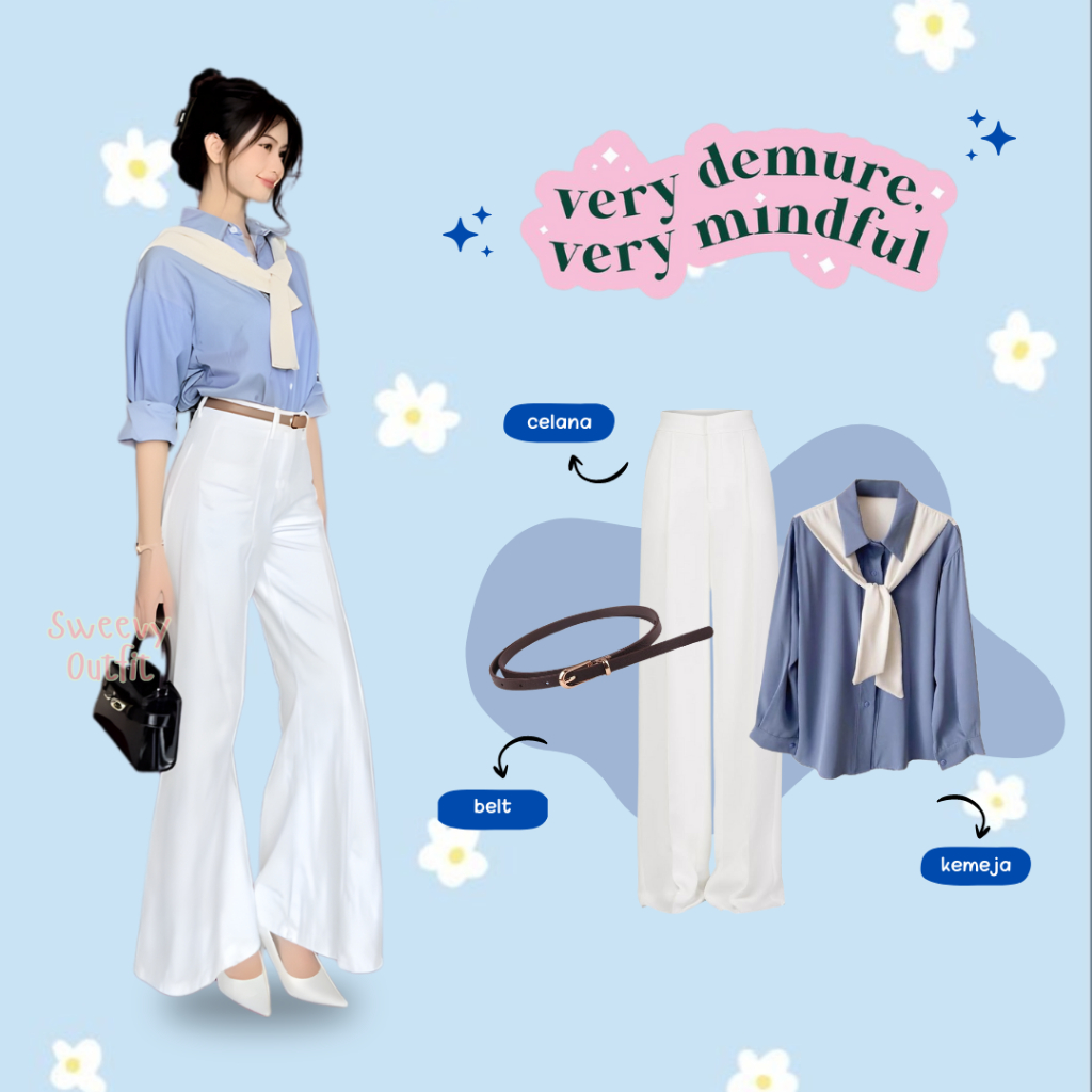 Jual One Set Wanita Old Money ( Kemeja Syal + Loose Pants + Belt ...