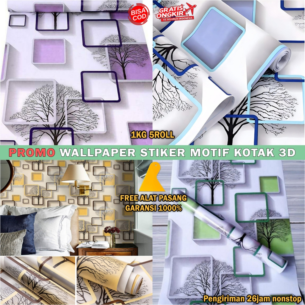 Jual COD MURAH | Wallpaper 3D Kotak Tree Ungu Biru Kuning 45cm x 4M ...