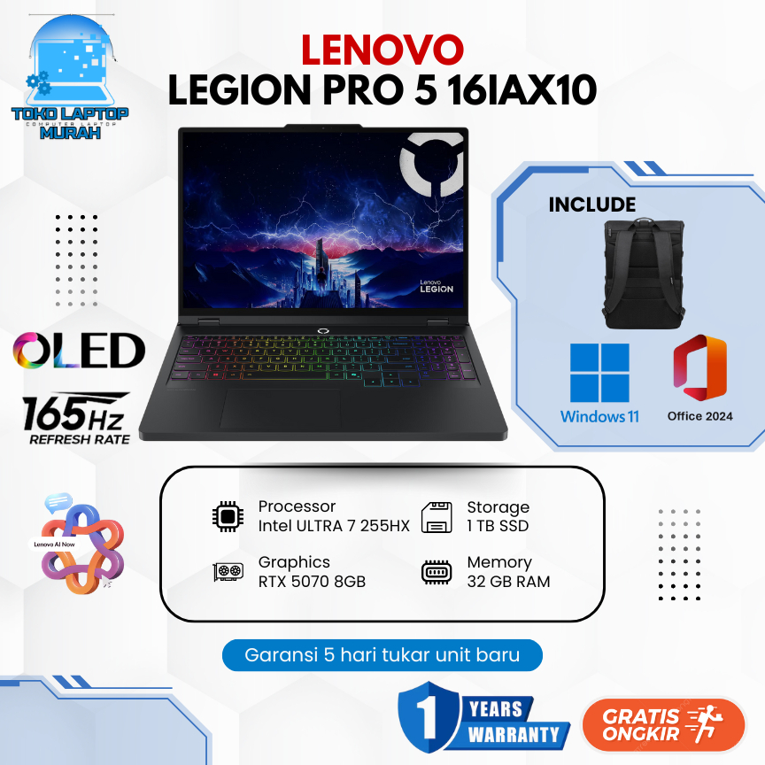 Jual LENOVO LEGION PRO 5i OLED RTX5070 8GB ULTRA 7 255HX 32GB RAM 1 TB ...
