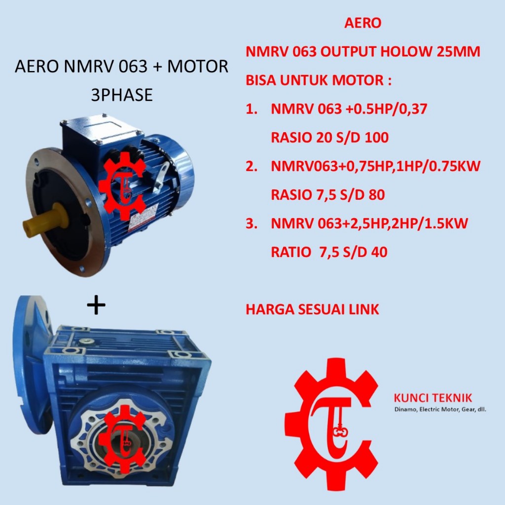 Jual Worm Gear NMRV 063 Ratio 1:60 + E-Motor 3phase 0.75kw 1hp 4P 220 ...