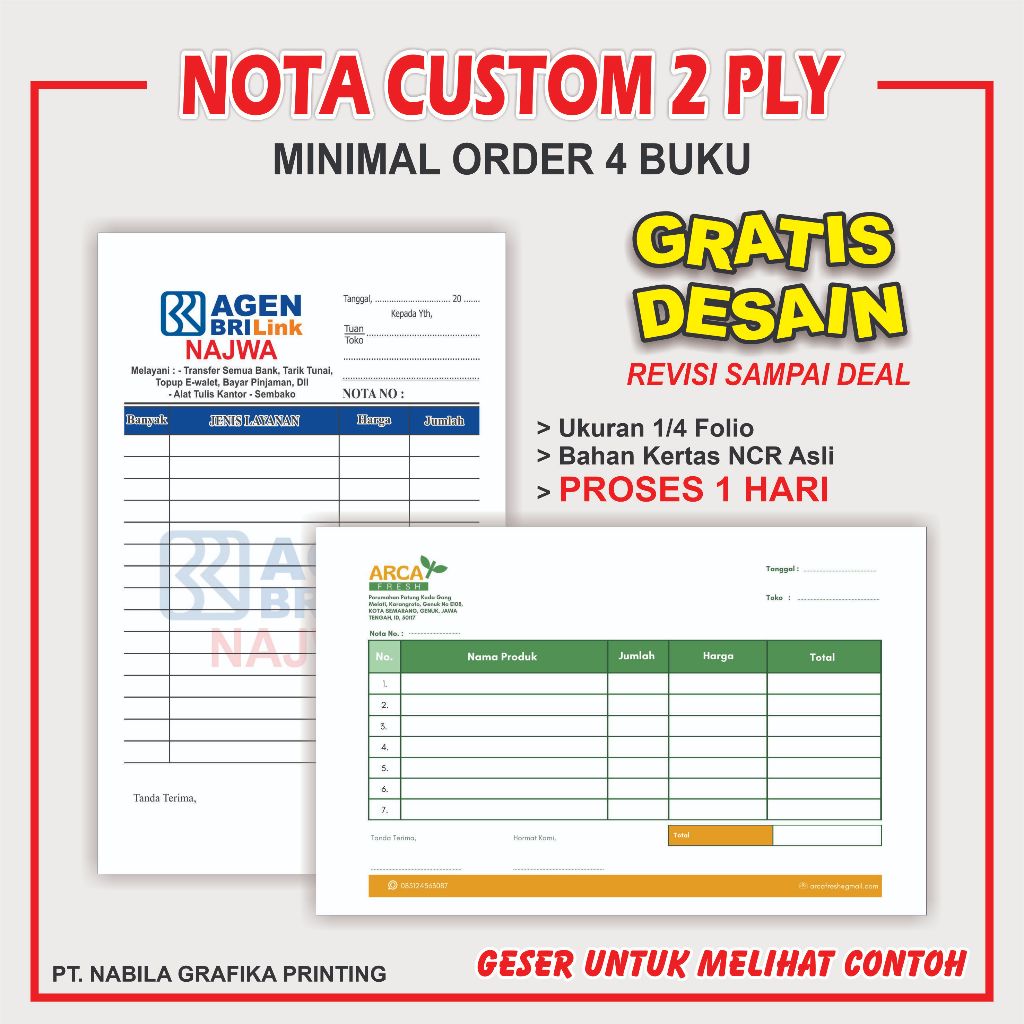 Jual Nota Custom 2 Ply 1/4 Folio Min. 4 Buku GRATIS Desain Cetak Nota ...