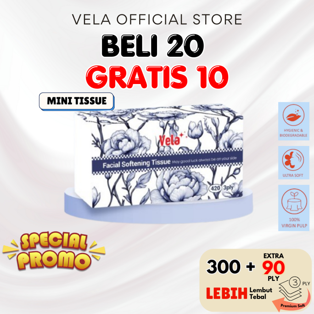Jual [BELI 20 GRATIS 10] VELA Mini Tissue 3 Ply 390 Sheets – Tisu ...