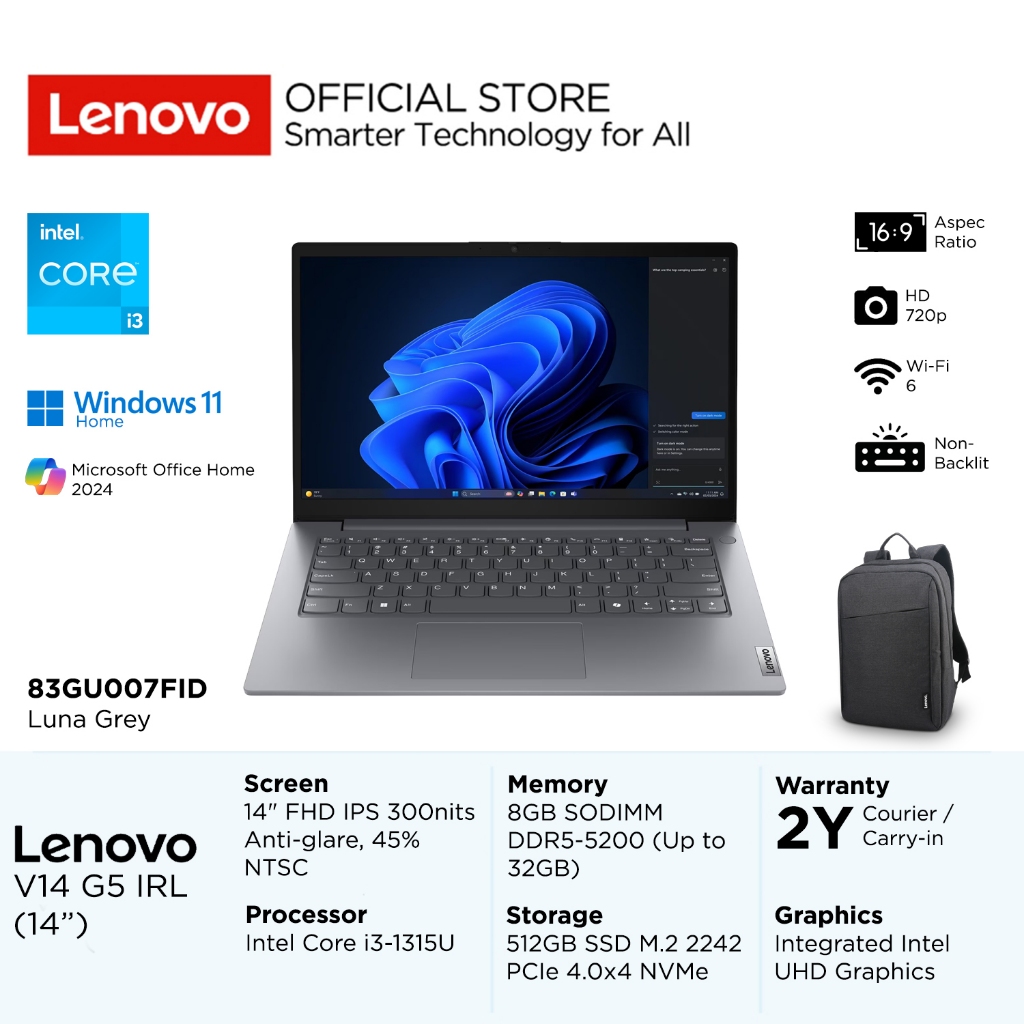 Jual Lenovo V14 G5 IRL 7FID Intel Core i3-1315U, Integrated Intel UHD ...